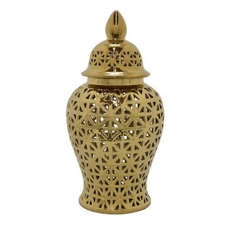 20 Inch Temple Jar, Pierced Details, Dome Lid, Ceramic, Gold Finish ...