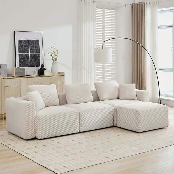 L-shaped Corduroy Sectional Sofa with a Large Ottoman, Square Armas ...