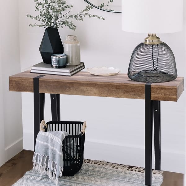 Oak Finish MDF Wood and Black Metal Console Entry Table - 30" H x 47.32 ...