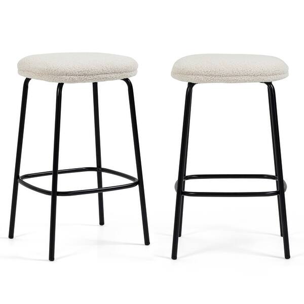 Set of 2 Ayana White Boucle Backless Counter Stool with Black Iron Legs ...