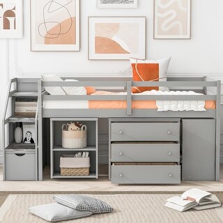 Gray Twin Size Solid Wood Loft Bed with Retractable Desk, Storage ...