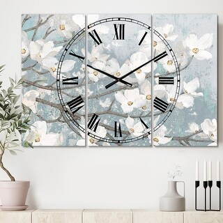 Designart 'Blue on Grey Blossoms' Cottage 3 Panels Oversized Wall CLock ...