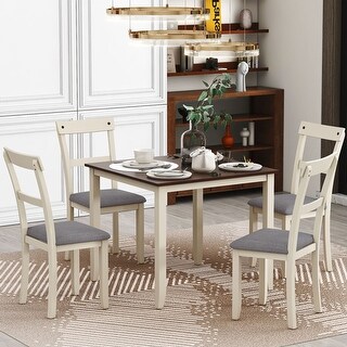 5 Piece Dining Table Set Kitchen Square Table & 4 Chairs, Brown+White ...