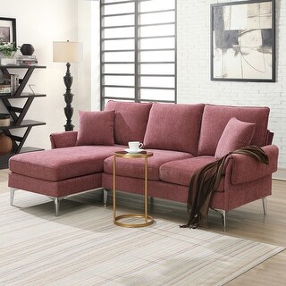 4 Seat Convertible Pink Sofa Set L-Shape Sectional w/ Reversible Chaise ...