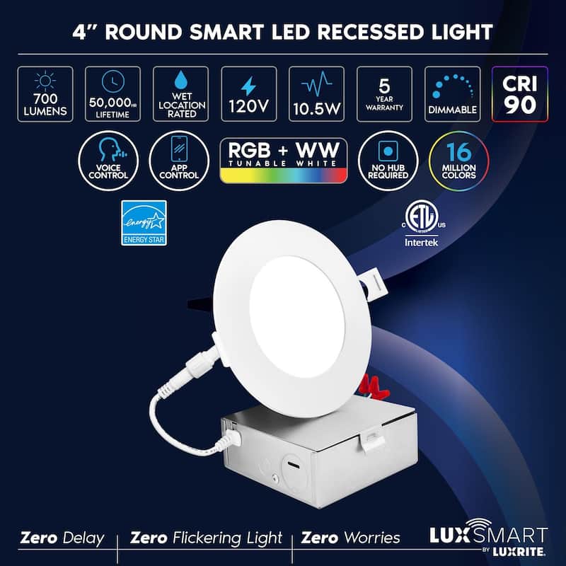 Luxrite 4 Inch Smart LED Recessed Lighting, RGBW Color Changing, WiFi ...
