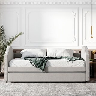 Full Size Upholstered Daybed with Twin Trundle, Wood Slat Support - Bed ...