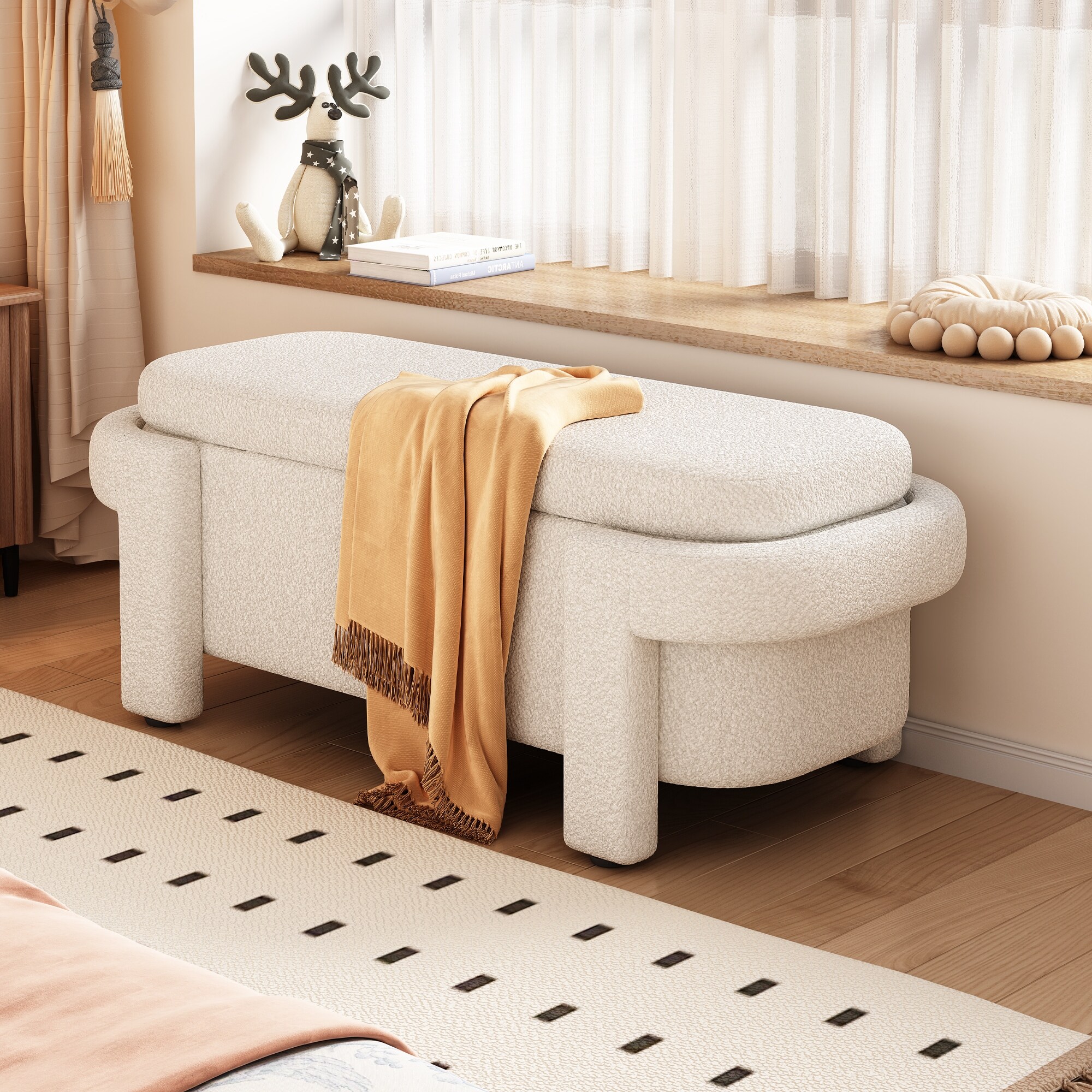 White Fluffy Upholstered Storage Bench Large Ottoman for Bedroom Entryway Sofa Footrest and Toy Storage Fabric Beige
