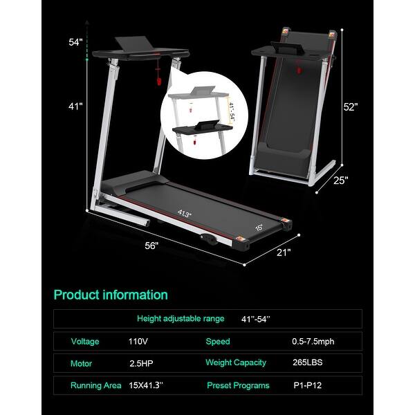 Folding Treadmill with Desk Electric Treadmill Exercise Machine with ...
