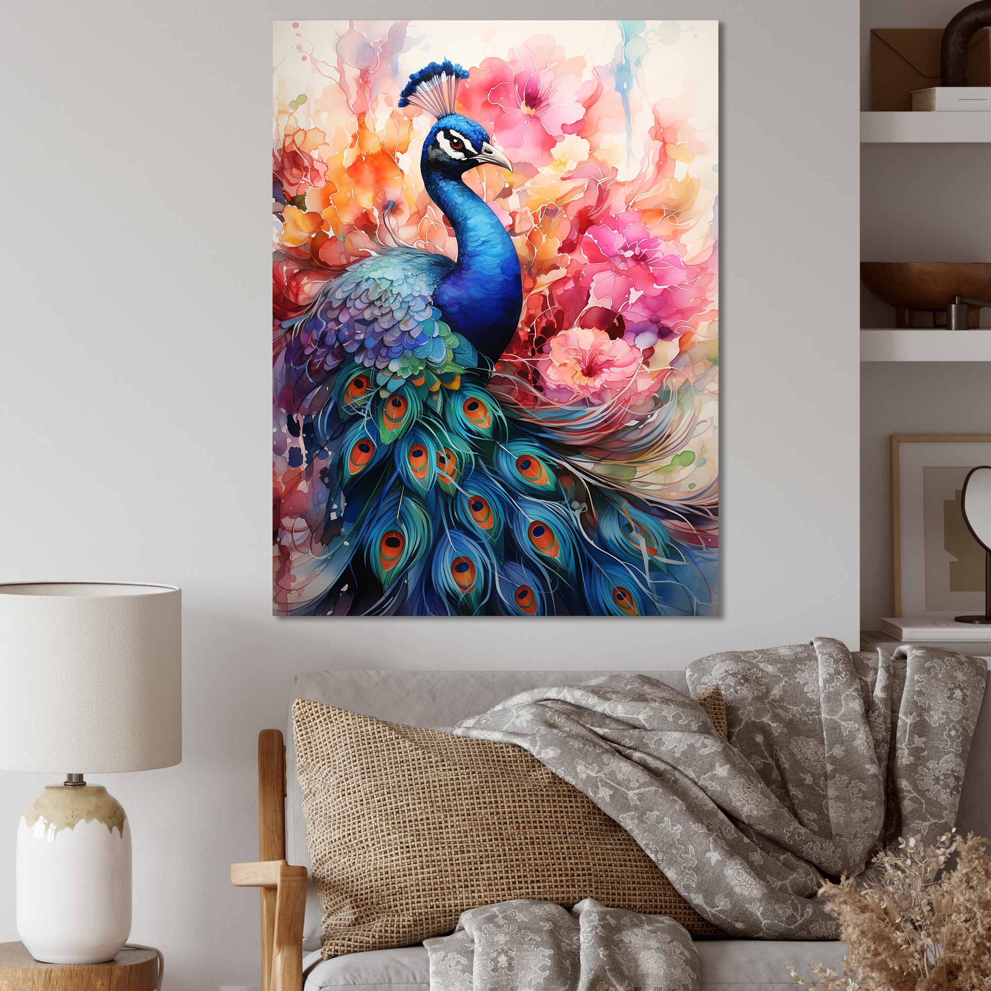 Designart "Peacock Abstract Collage II" Animals Wall Art Living Room ...