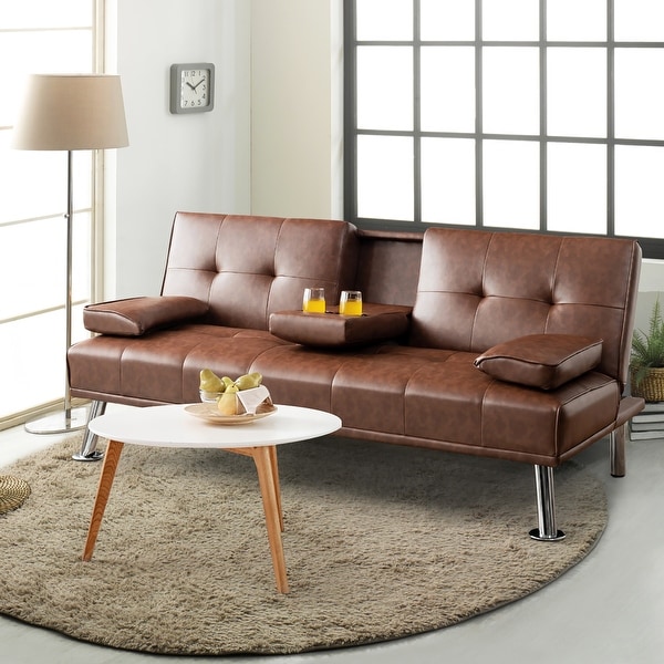 Costway Convertible Folding Futon Sofa Bed Leather w Cup On Sale Bed Bath Beyond 33545015