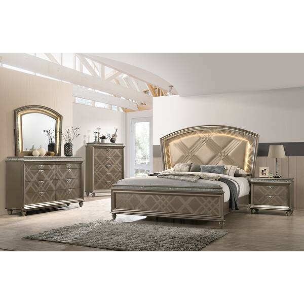 Koral 4 Piece Gold Glam LED Faux Leather Upholstered Panel Bedroom Set ...