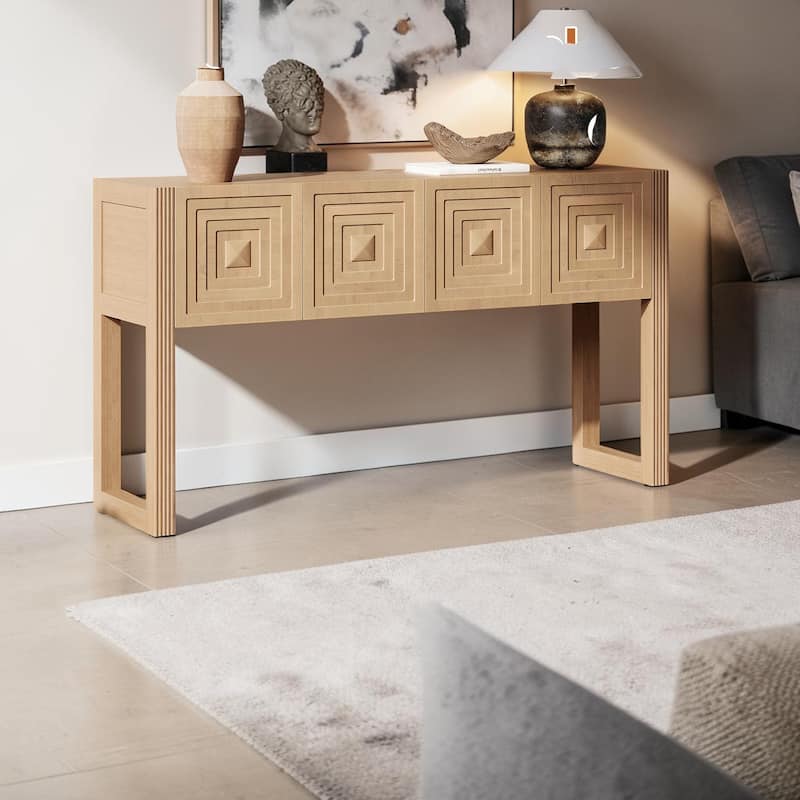 Geometric Carved Console Table with 3 Drawers, Fluted Leg Entryway Sofa ...