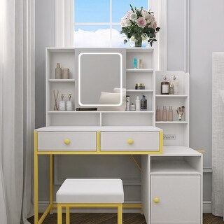 Large Gold Vanity Table Set,Vanity Desk with Mirror and Lights - Bed ...