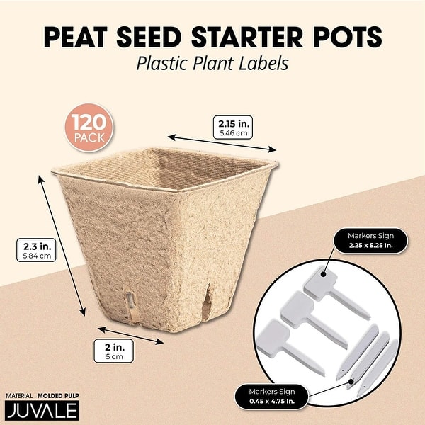 Square Peat Starter Pots with Plastic Plant Labels (2.3 In, 120 Pack ...