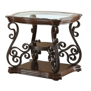Traditional Solid End Table With Glass Inset, Metal Scrolls & 2 Shelves ...