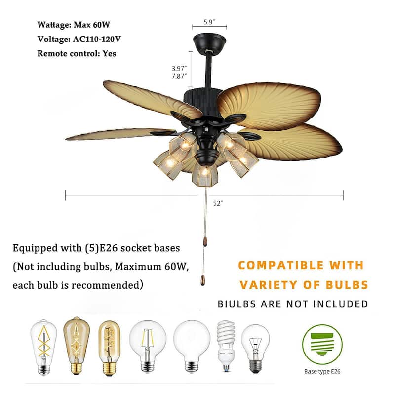 52" 5-Blade Palm Island Bronze Tropical Reversible Ceiling Fan with ...