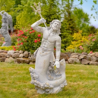 48 Inch Tall Magnesium Merman Garden Statue "Scotty" Antique Grey - Bed ...