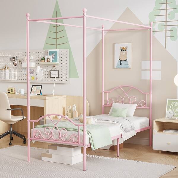 Gezen Twin Metal Canopy Kids Platform Bed with Poster，Detachable Canopy Design - Bed Bath ...