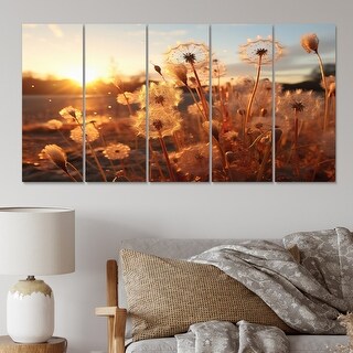 Designart "Sunset Dandelion Field II" Floral Wall Art Prints Set - Bed ...