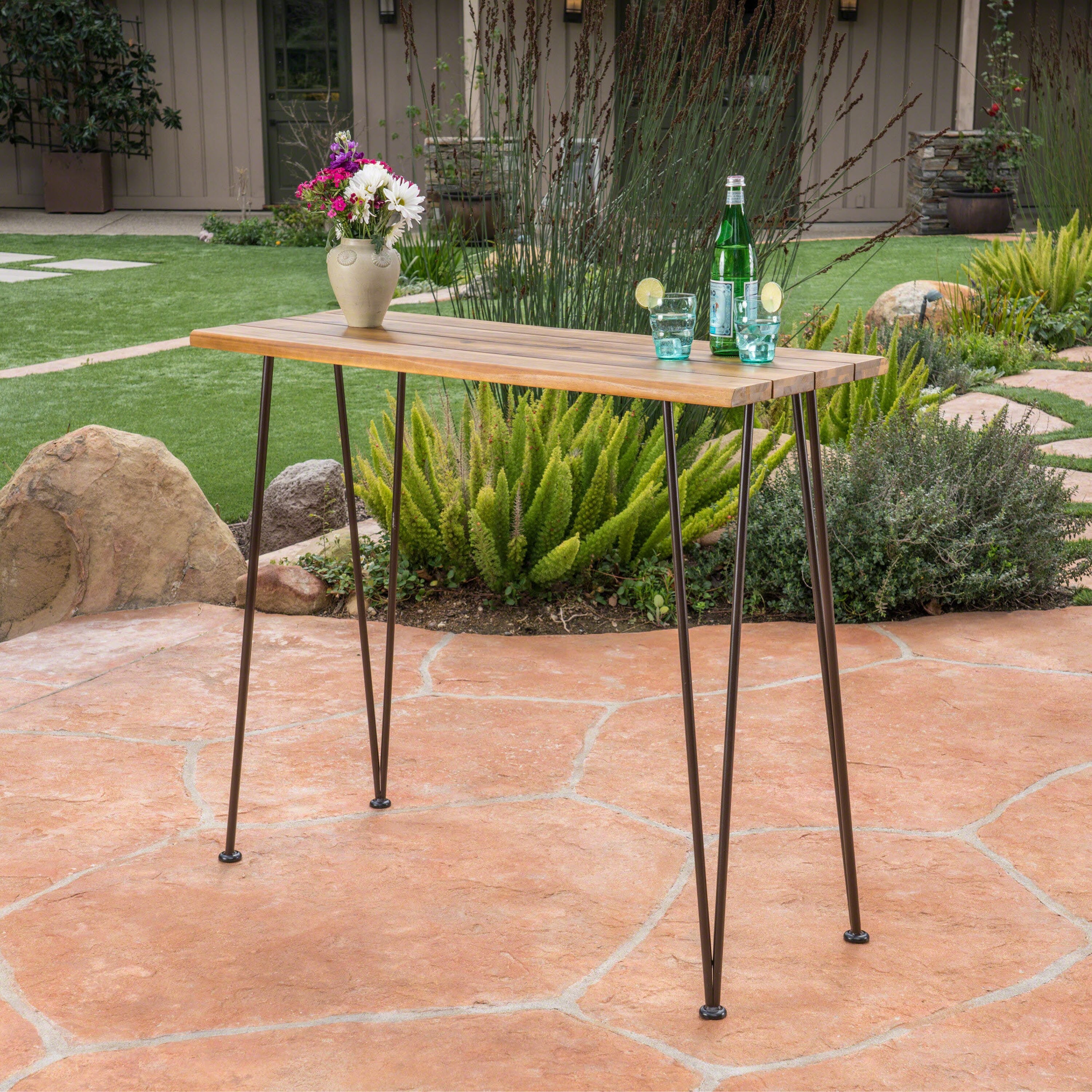 Roomfitters Modern Outdoor Bar Table with Acacia Wood Top Tall Hairpin Legs Rustic Design for Patio Garden Brown Bed Bath Beyond 42432919
