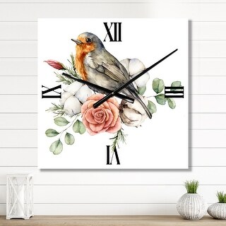 Designart 'Robin Redbreast With Cotton Rose and Leaves' Traditional ...