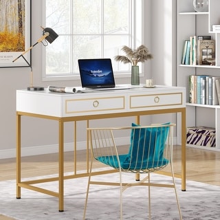 41undefined Computer Desk with 2 Drawers, White and Gold Modern Makeup ...
