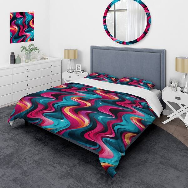 Designart "Pink And Blue Retro Waves I" Blue Modern Bed Cover Set With ...