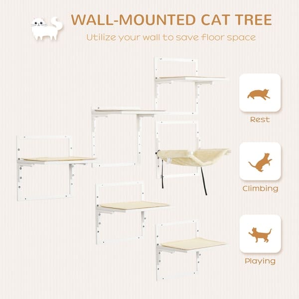 PawHut 6-pc Modern Cat Wall Shelves for Indoor Cats, Height Adjustable ...