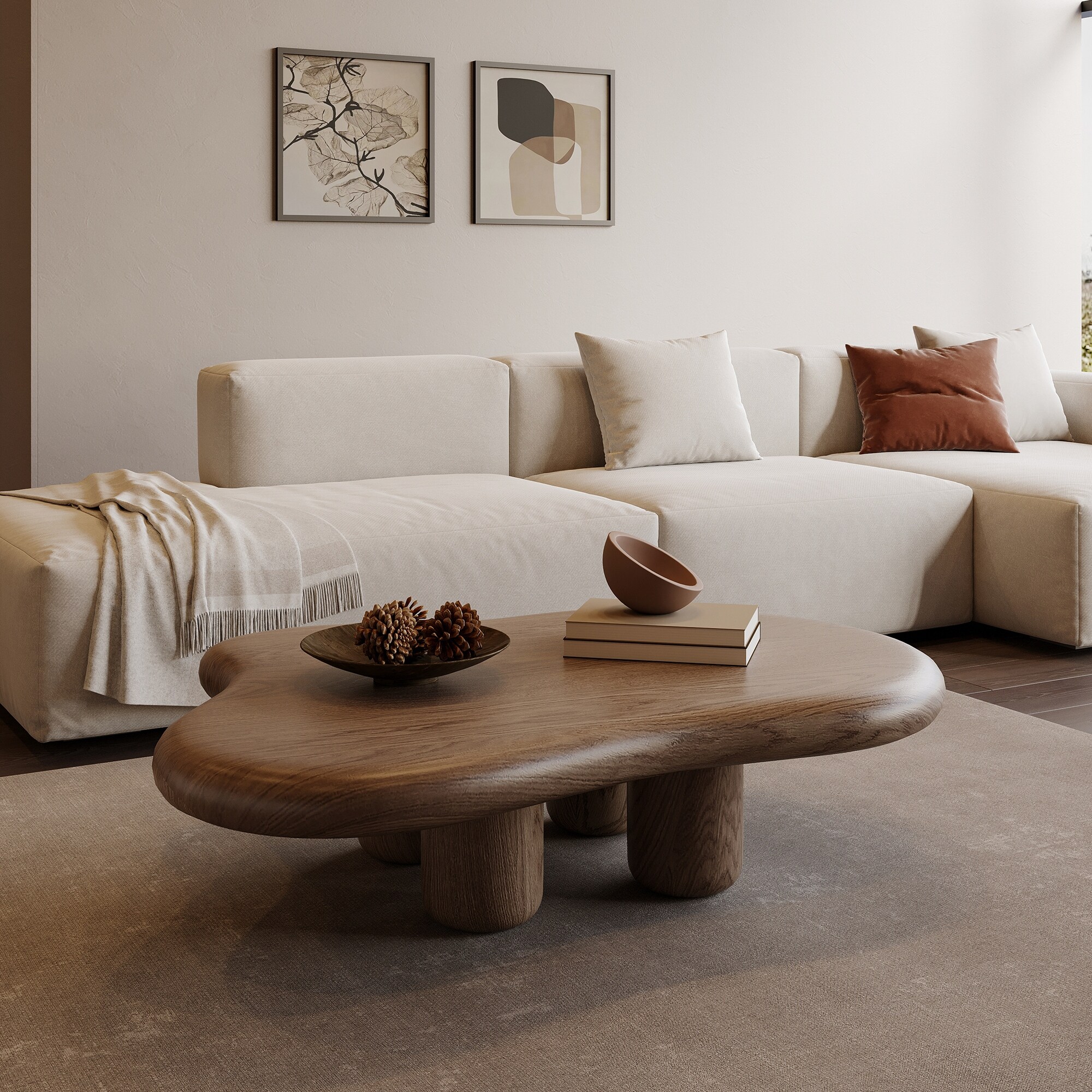 48.4inch Modern Walnut Cloud Shaped Coffee Table Mid Century Brown Solid Wood Coffee Table for Livingroom 48