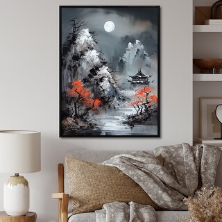 Designart "Red Moonset Raven Cry Japon Iii" Japon Landscape Framed Wall ...