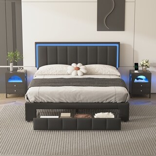 3-Pieces Bedroom Sets, Queen Size Platform Bed LED Light Theme Bed, Bed ...