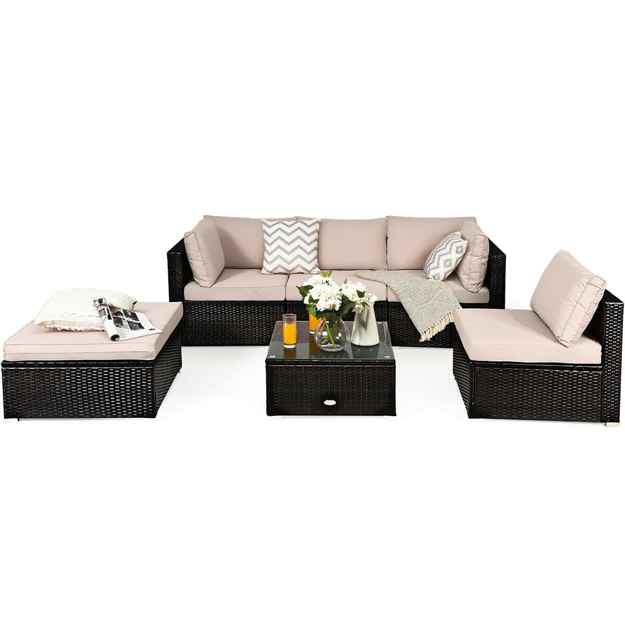 Costway 6PCS Patio Rattan Furniture Set Cushioned Sofa Coffee Table ...