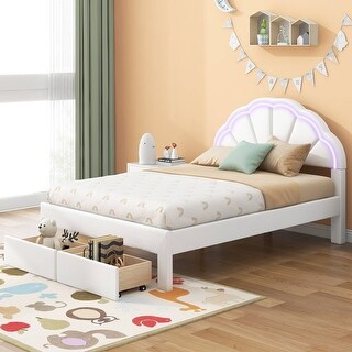 Upholstered Platform Bed with Seashell Shaped Headboard, LED and 2 ...
