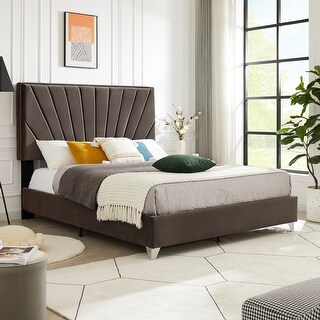 Brown Full Size Flannelette Platform Bed w/ Stripe Cushion Headboard ...