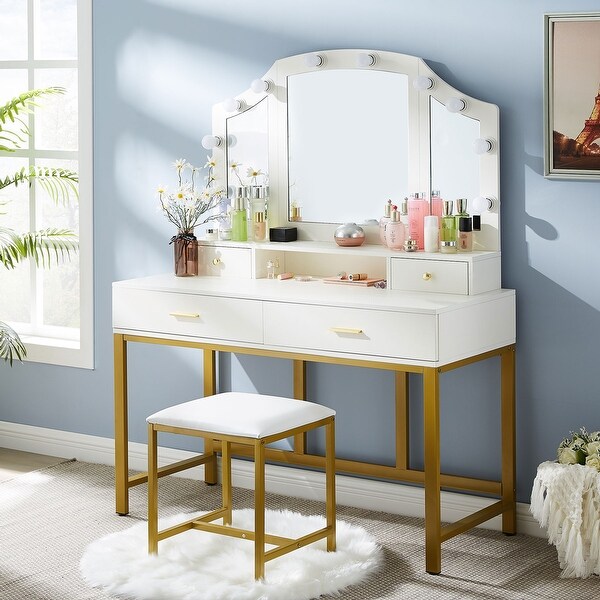 Makeup Vanity Dressing Table Stool Set with Lighted Mirror 4 Drawers White Gold Bed Bath Beyond 31812677