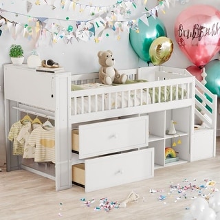 Twin Size Loft Bed with LED and Bookshelf,2-step Stairs,Drawers and ...