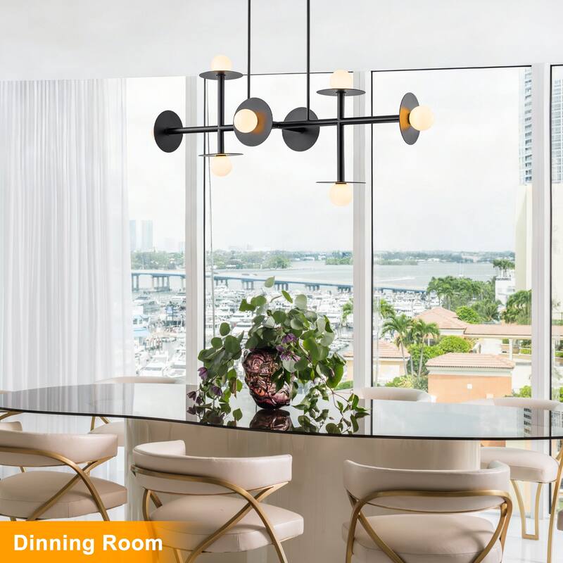 8-Light Matte Black Linear Chandelier with Opal Glass Globe Shades - W ...
