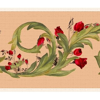 Green, Sepia, Red Roses, Floral Scrolls Peel and Stick Wallpaper Border ...