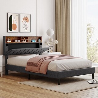 Full Linen Upholstered Bed with Storage Headboard and USB Port - Chic ...