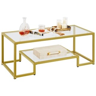 Rectangular Coffee Table, Tempered Glass Coffee Table with 2 Tier ...