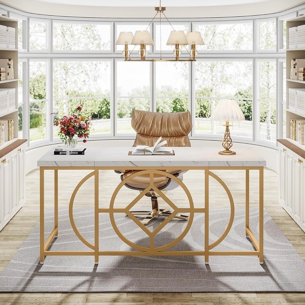 63 Inches Modern White and Gold Executive Desk - On Sale - Bed Bath ...