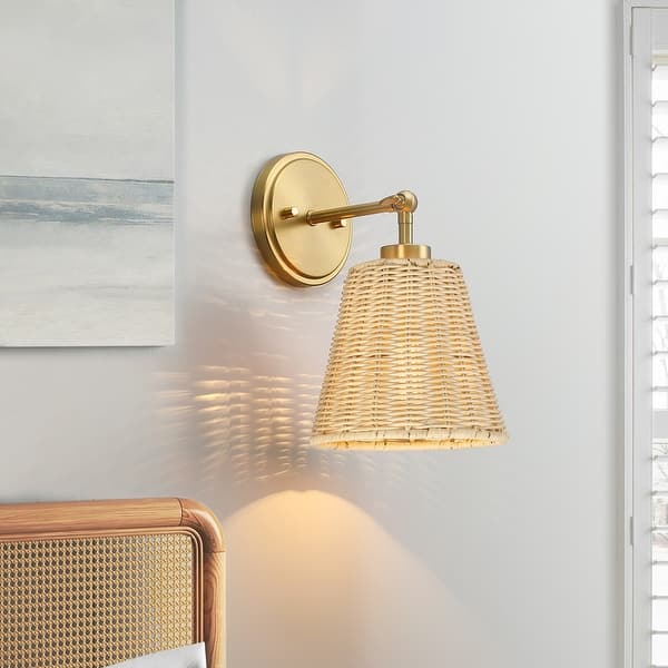 1-Light Brass Boho Natural Rattan Hardwired Wall Sconce with Adjustable Swivel Swing Arm - 7.1 ...