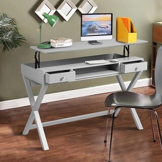 Grey Computer Desk with 2 Drawers, Height-Adjustable Table Top, and ...