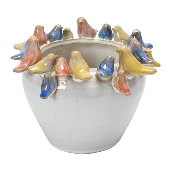 Stoneware Planter with Birds on Rim, Reactive Glaze - Bed Bath & Beyond ...