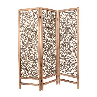 Contemporary 3 Panel Wooden Screen with Willow Branch Inset, Brown - On ...