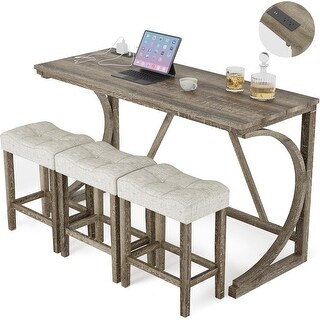 4-Piece Counter Height Bar Table Set with USB Ports and Fabric Stools ...