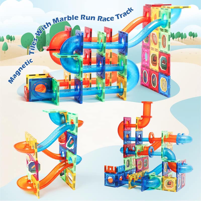 Magnetic Tiles 176Pcs Marble Run Race Track Toy Set STEM Educational ...