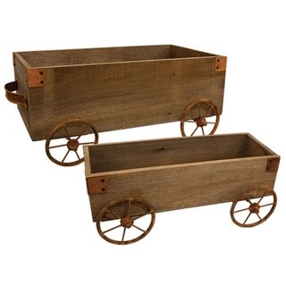 Set of 2 Natural Wooden Wagons with Rusty Wheels Perfect for Decorative ...