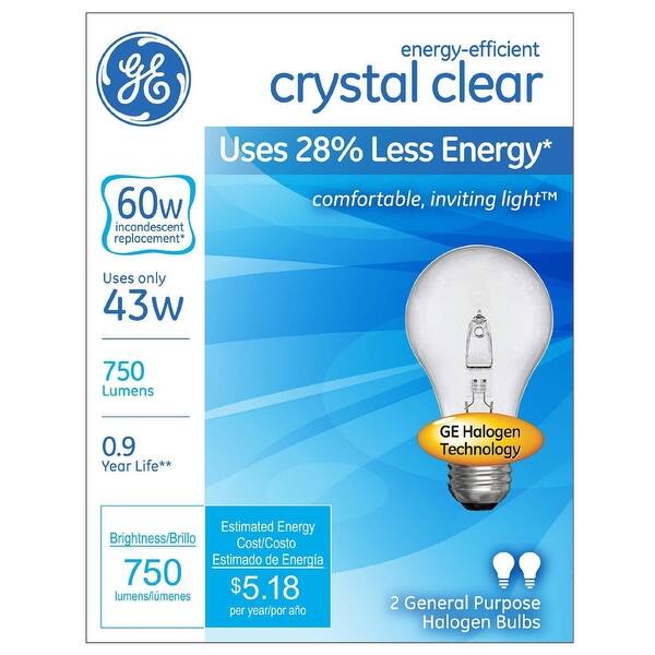 GE Lighting 78796 Energy-Efficient A19 Halogen Bulb, Crystal Clear, 43W ...