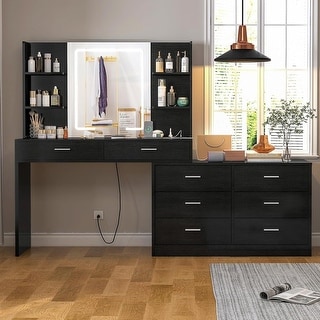 Adjustable L-Shape Vanity Desk with LED Mirror, Power Outlet, and ...